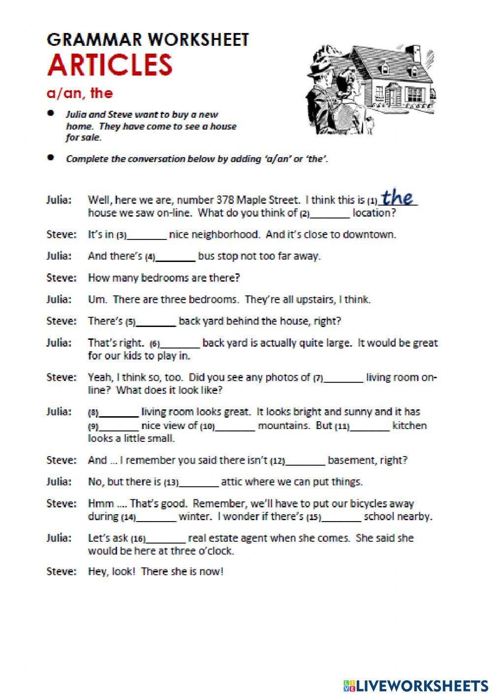 Articles online exercise for ELEMENTARY | Live Worksheets