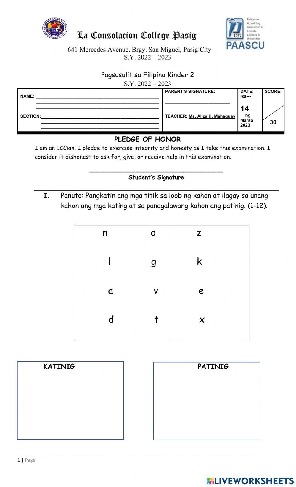 Filipino 3RD QUARTER EXAM 1318 | teacheraly | Live