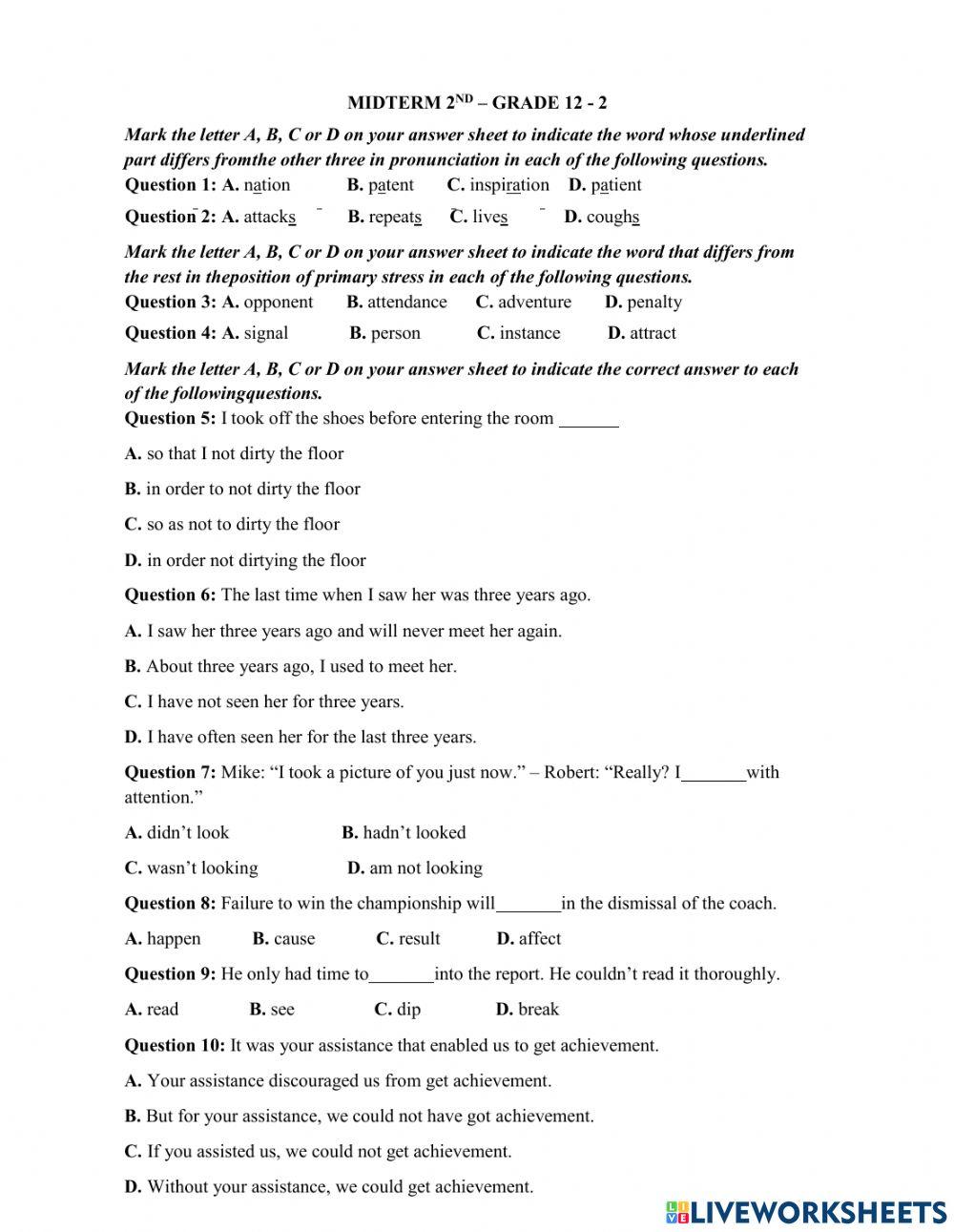 Midterm 2nd - grade 12 - 2 worksheet | Live Worksheets