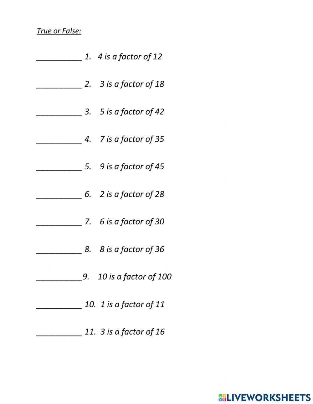 Factors of numbers interactive worksheet | Live Worksheets