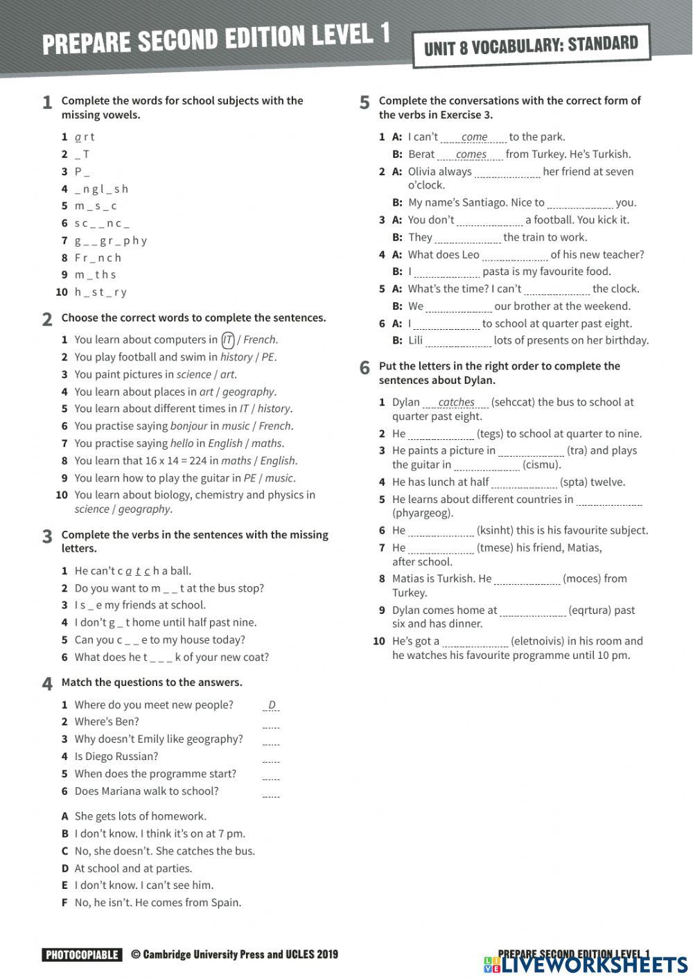 PREPARE A1 - VOCABULARY UNIT 8 online exercise for | Live Worksheets