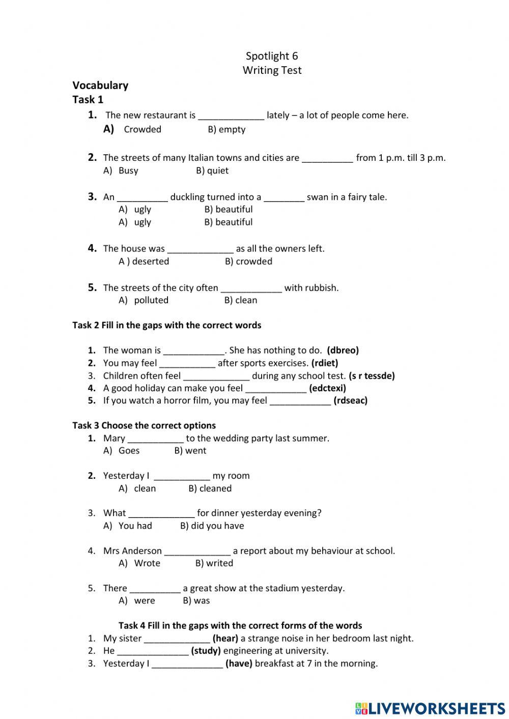Spotlight 6 Test 7 online exercise for | Live Worksheets