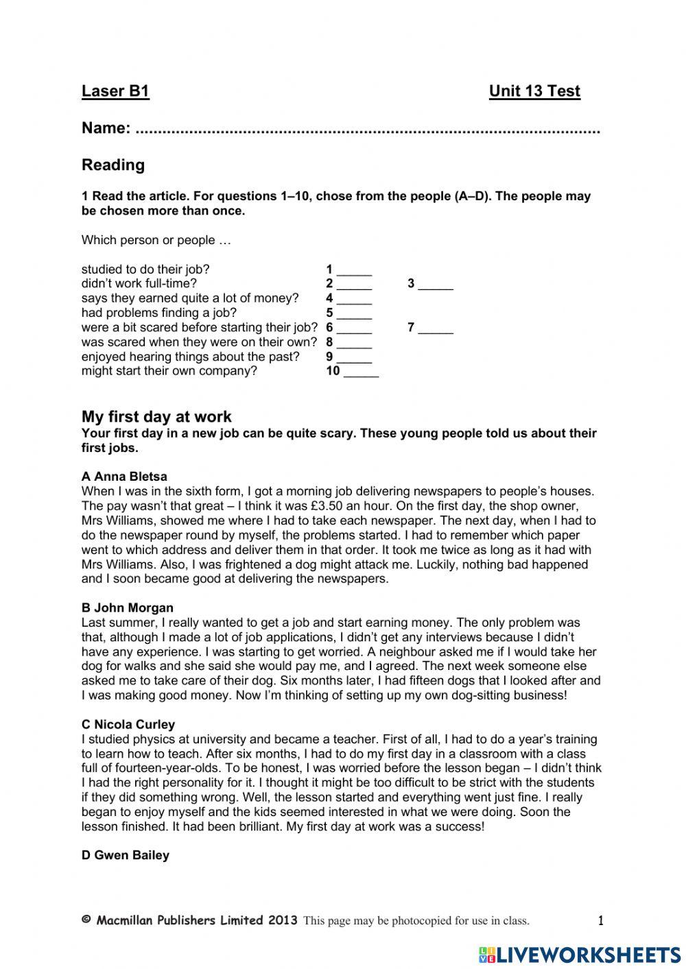 Laser B1 Unit 13 online exercise for | Live Worksheets