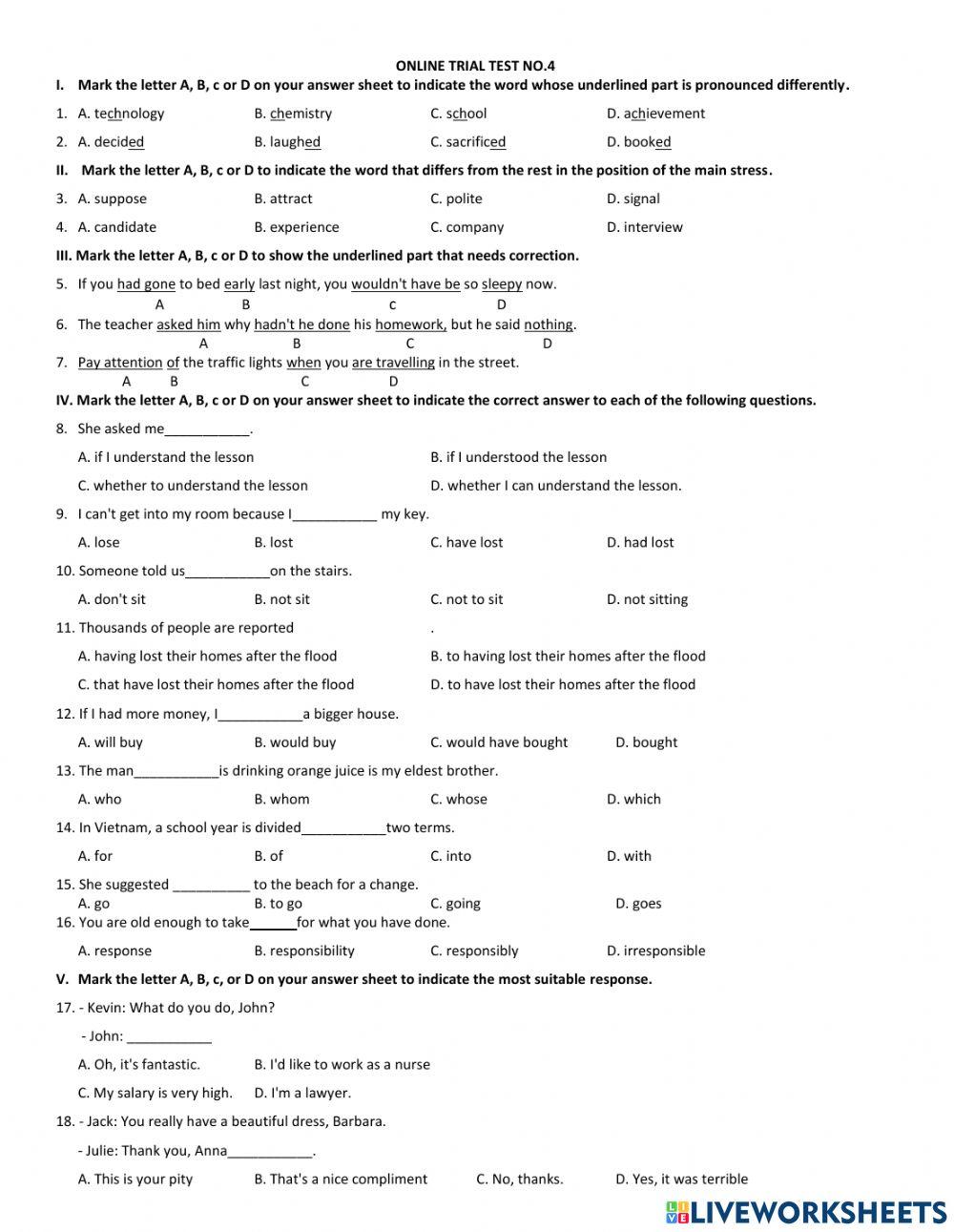 Test no.4 worksheet | Live Worksheets