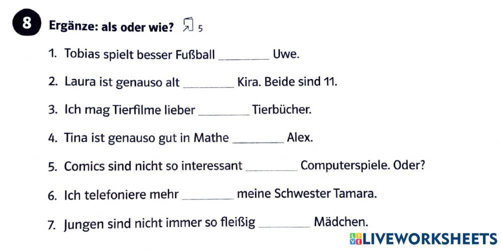 Als oder Wie | Free Interactive Worksheets | 2320181