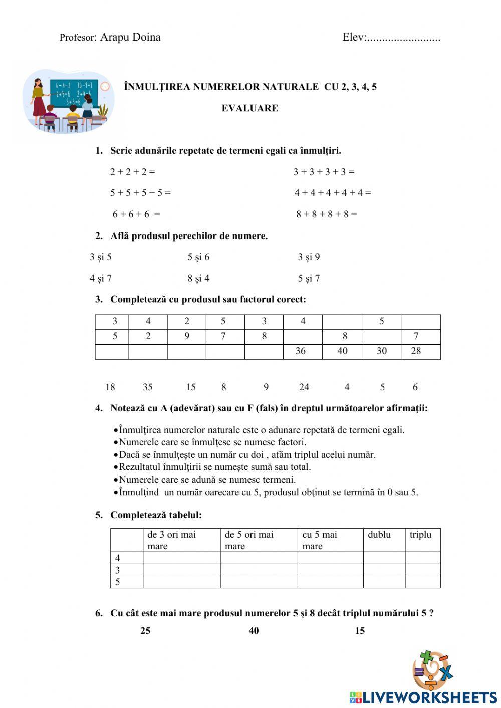 Arapu Doina Inmultirea numerelor naturale cu 2,3,4,5. Evaluare ...