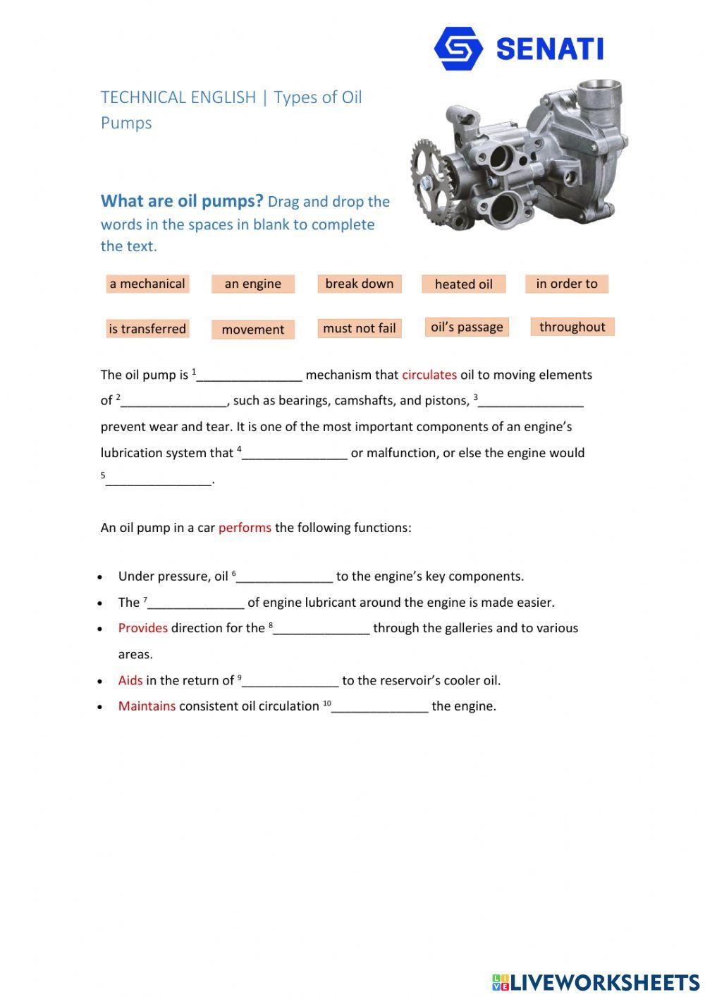Car oil pumps worksheet | Live Worksheets