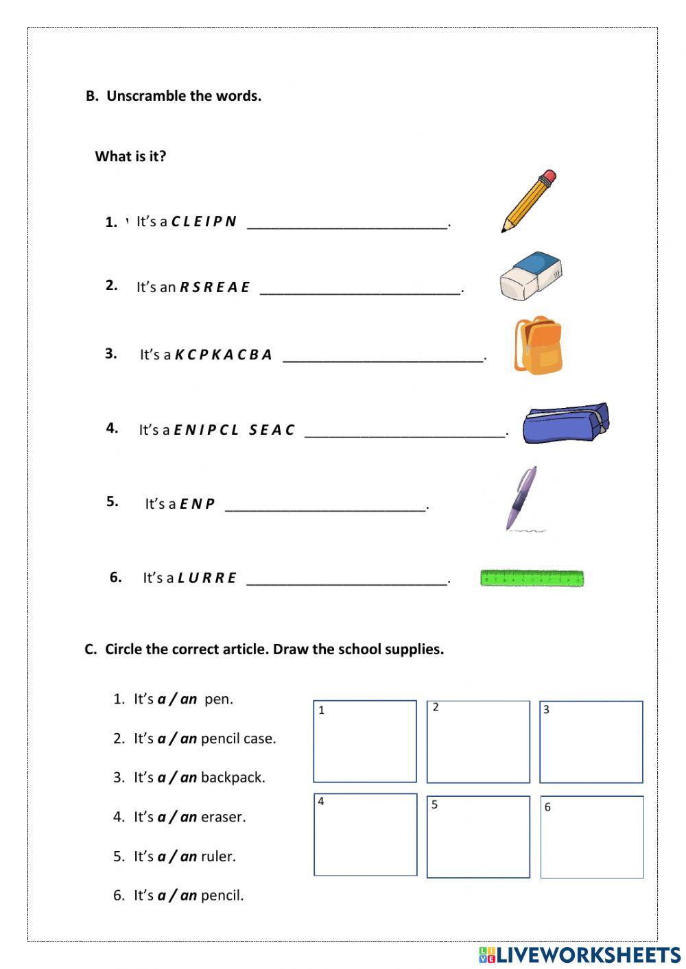 School supplies online exercise for 2nd grade | Live Worksheets