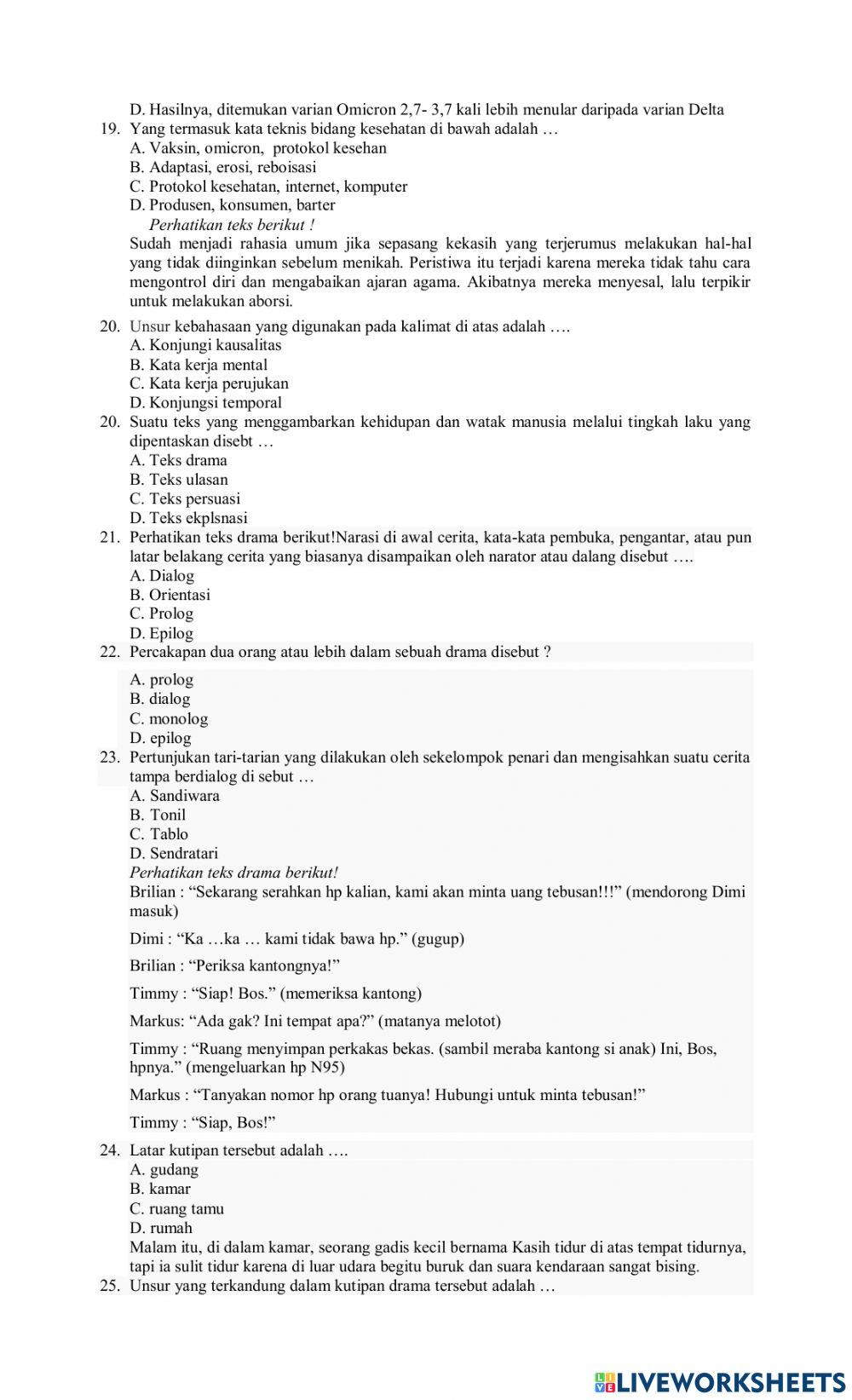 Sumatif Tengah Semester Bahasa Indonesia kelas 8A online exercise for | Live Worksheets