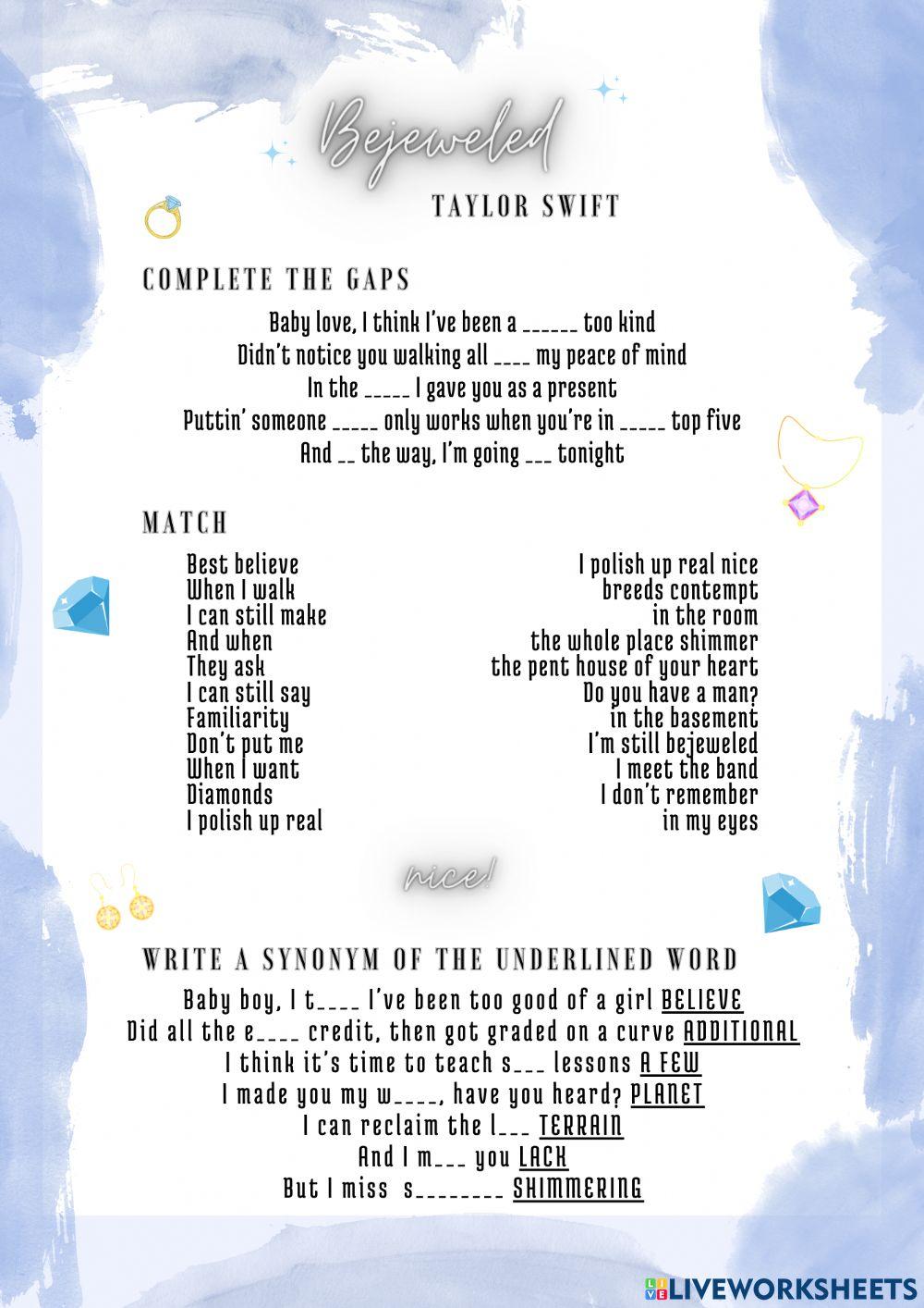 Bejeweled - Tay… | Free Interactive Worksheets | 2321648