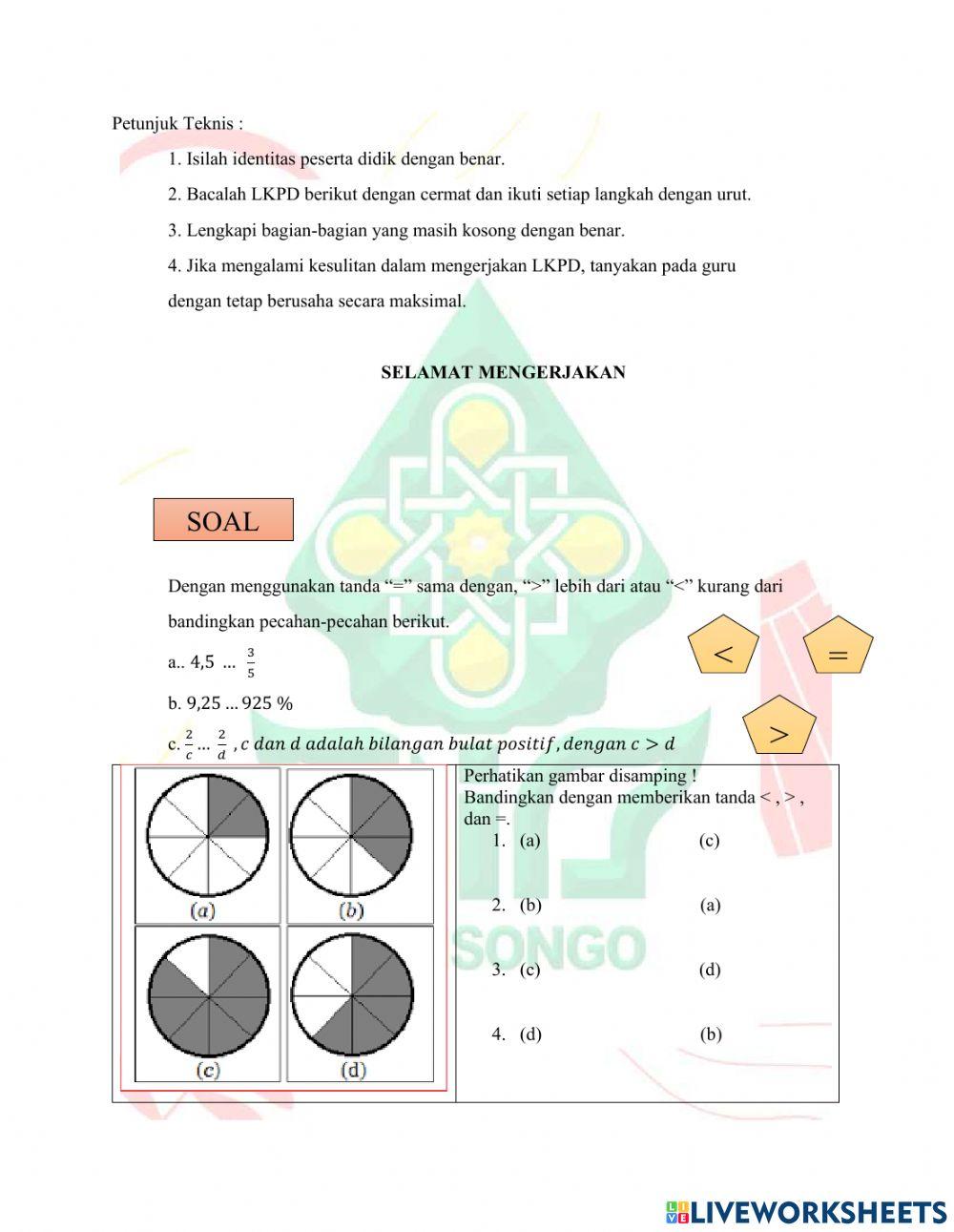 Membandingkan Pecahan online pdf exercise | Live Worksheets