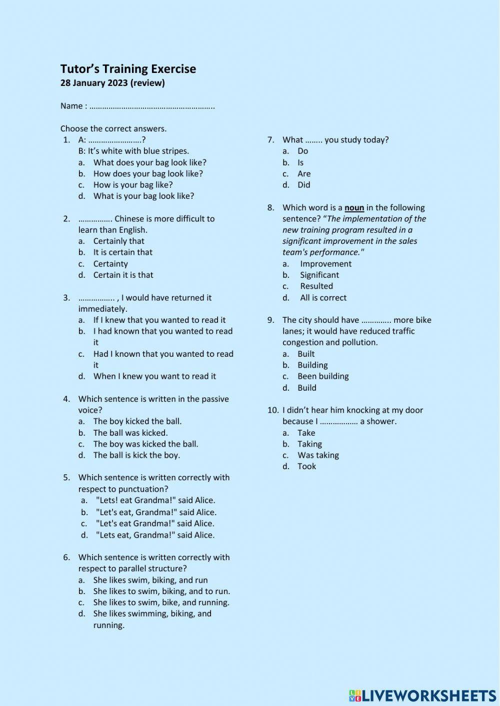 Tutor's training 230123 worksheet | Live Worksheets