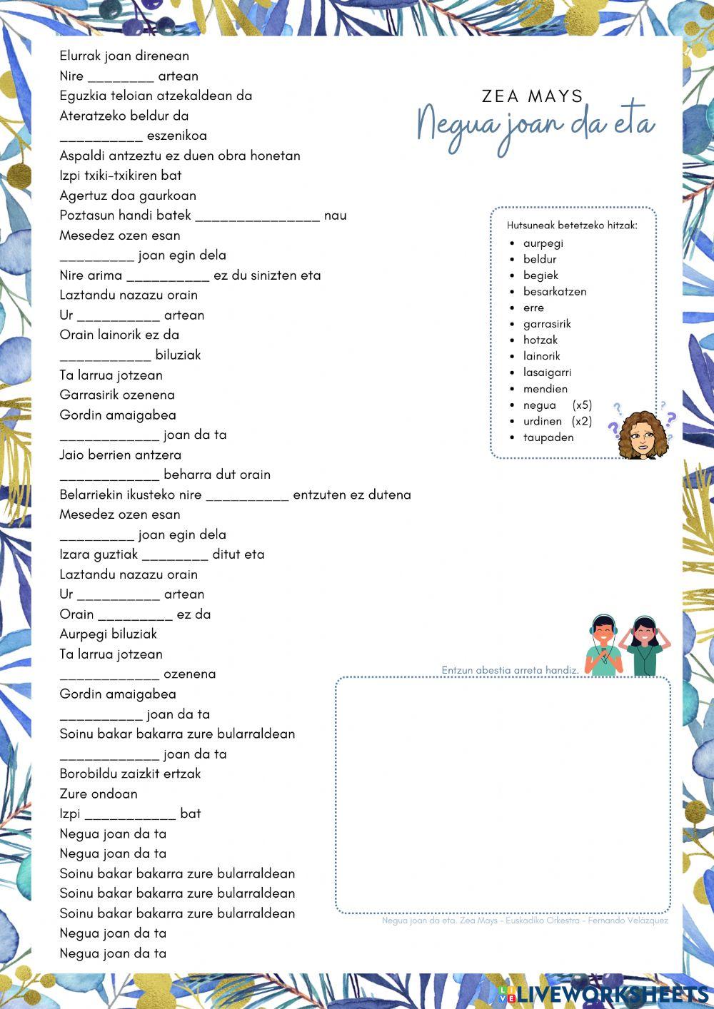 Negua joan da ta. Zea Mays worksheet | Live Worksheets