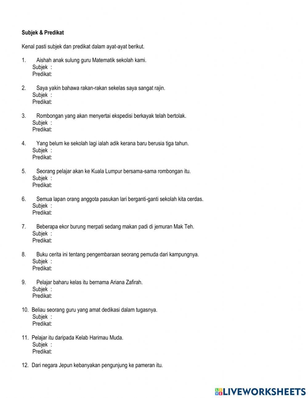 Sintaksis-subjek dan predikat worksheet | Live Worksheets