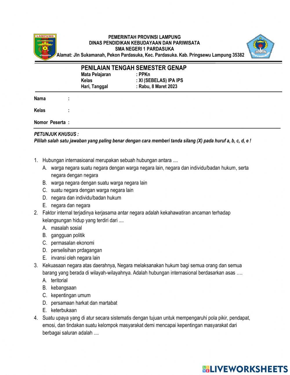 Soal ppkn mid semester kelas 11 worksheet | Live Worksheets