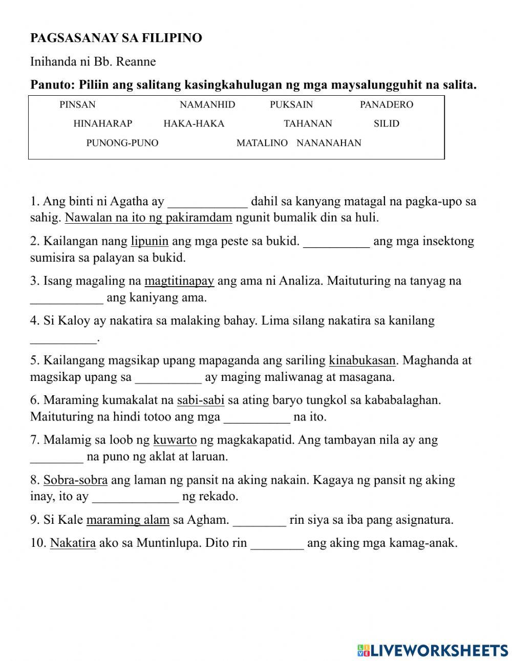 Pagsasanay Sa Filipino 2306969 Reanne Reitzel Timan