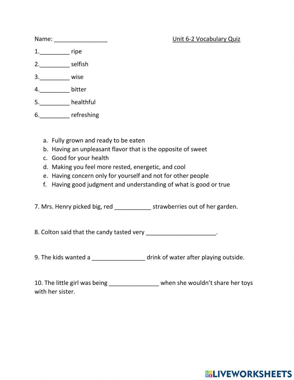 Unit 6-2 vocab worksheet | Live Worksheets Unit 6-2 vocab worksheet | Live Worksheets