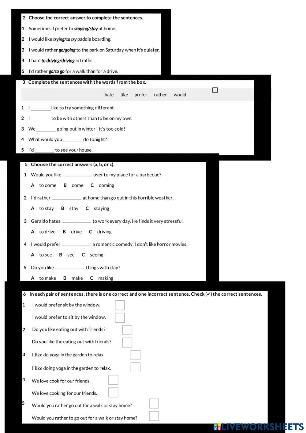 Prefer, like, rather, would | LiveWorksheets | 2307363
