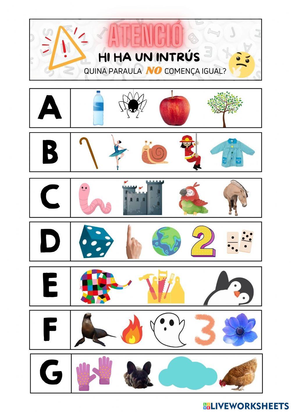 Troba l'intrús. De l'A a la G. worksheet | Live Worksheets