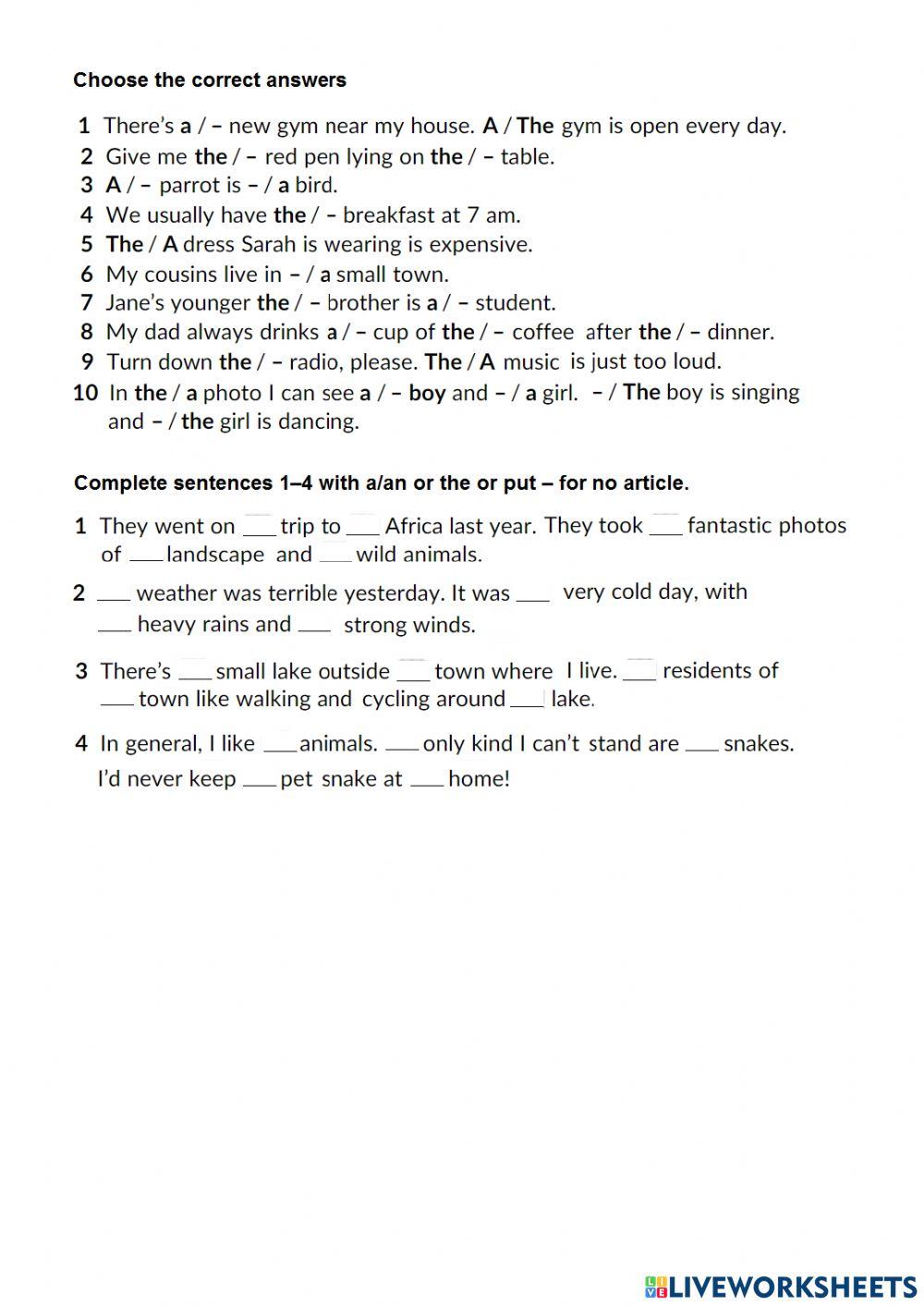 Articles online exercise for 8 | Live Worksheets