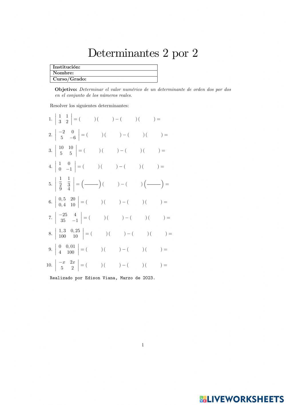 Determinantes de orden dos por dos worksheet | Live Worksheets