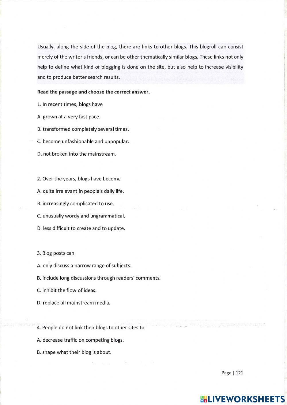 Unit 5 - reading - multiple choice pre 2325275 | Lindy