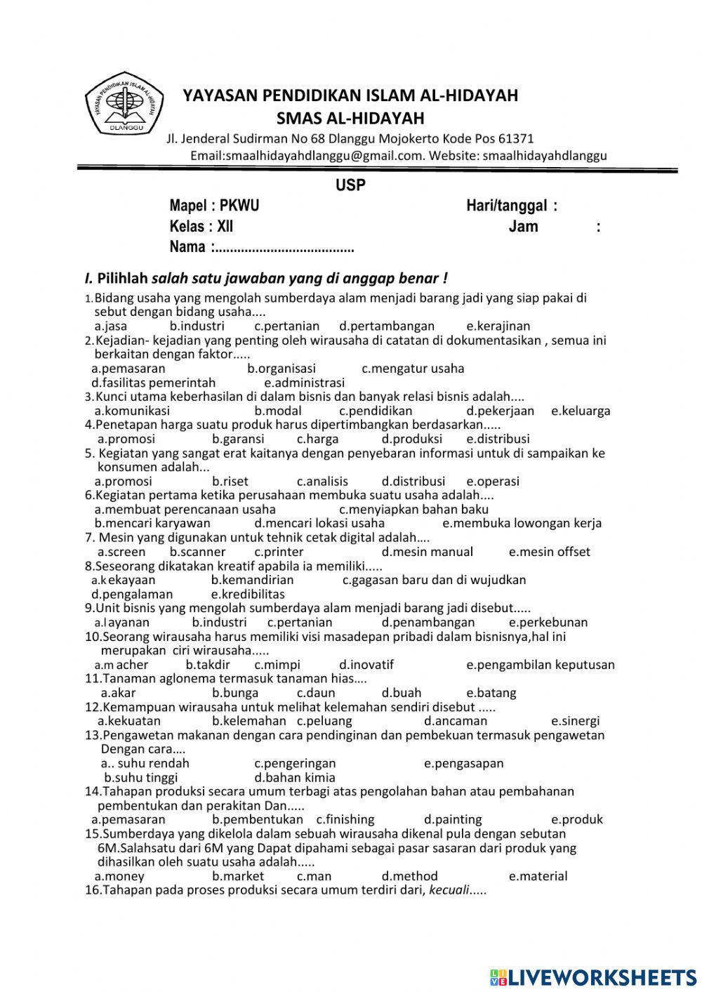 Usp PKWU worksheet | Live Worksheets