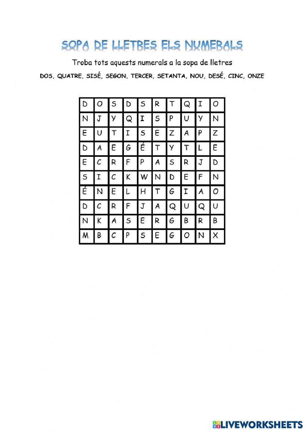 Sopa de lletres ELS NUMERALS interactive worksheet | Live Worksheets