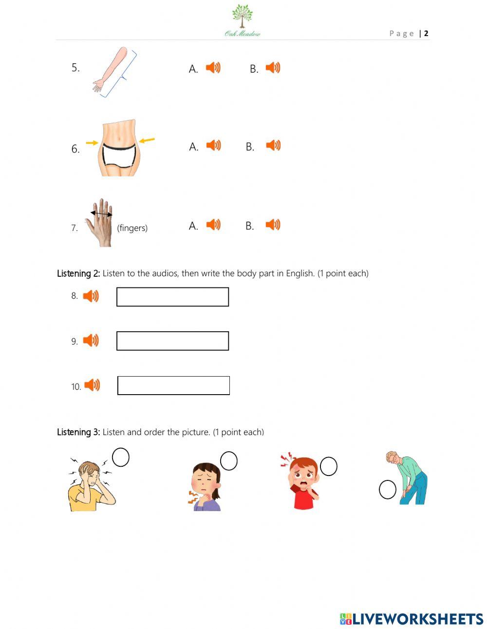 Body parts and health problems exercise | Live Worksheets