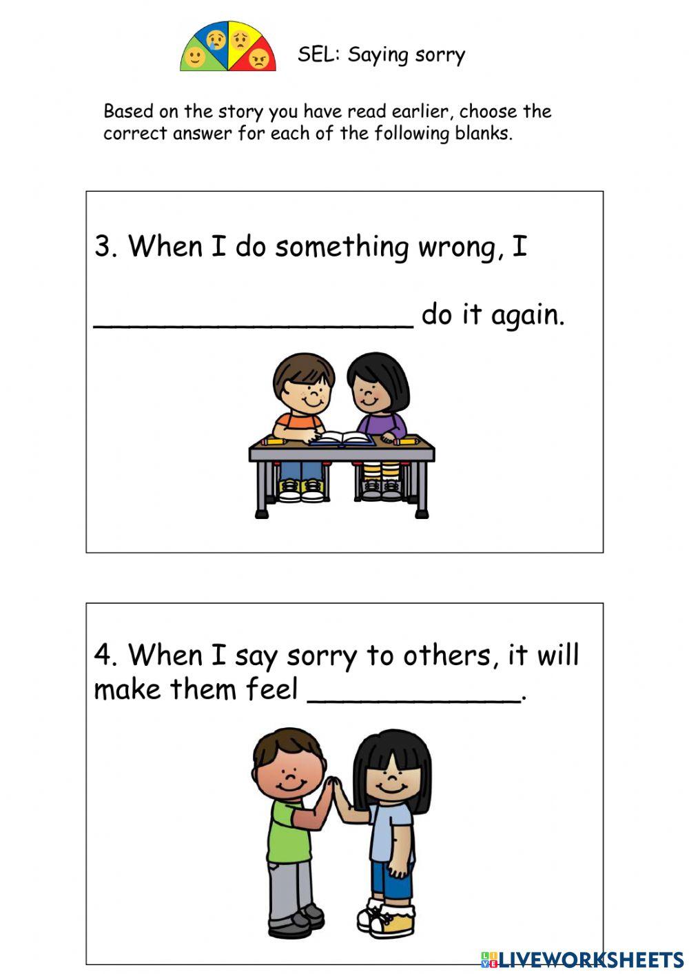 SEL:Saying sorry | Free Interactive Worksheets | 3672730 SEL:Saying sorry | Free Interactive Worksheets | 3672730