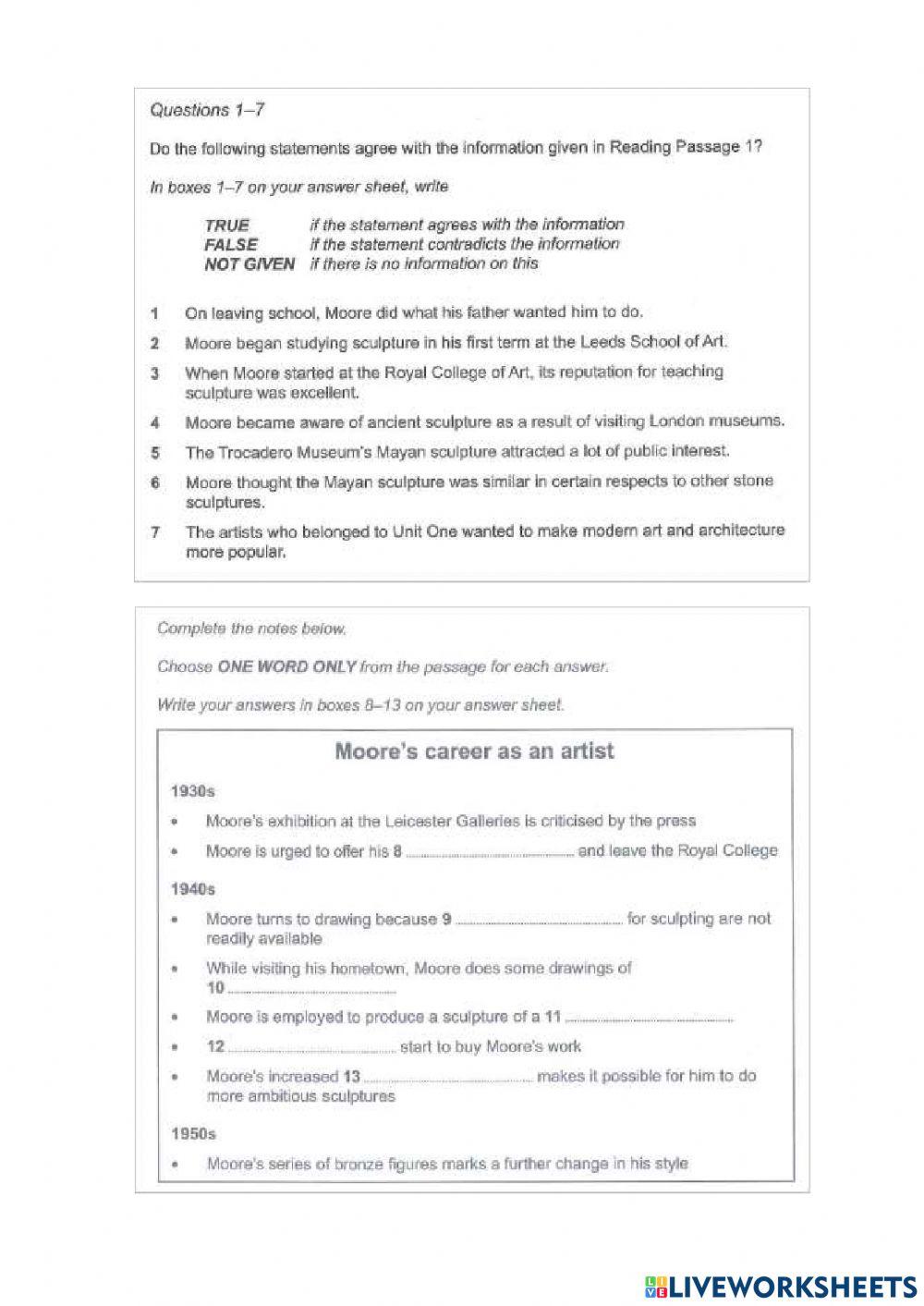 henry moore reading answers