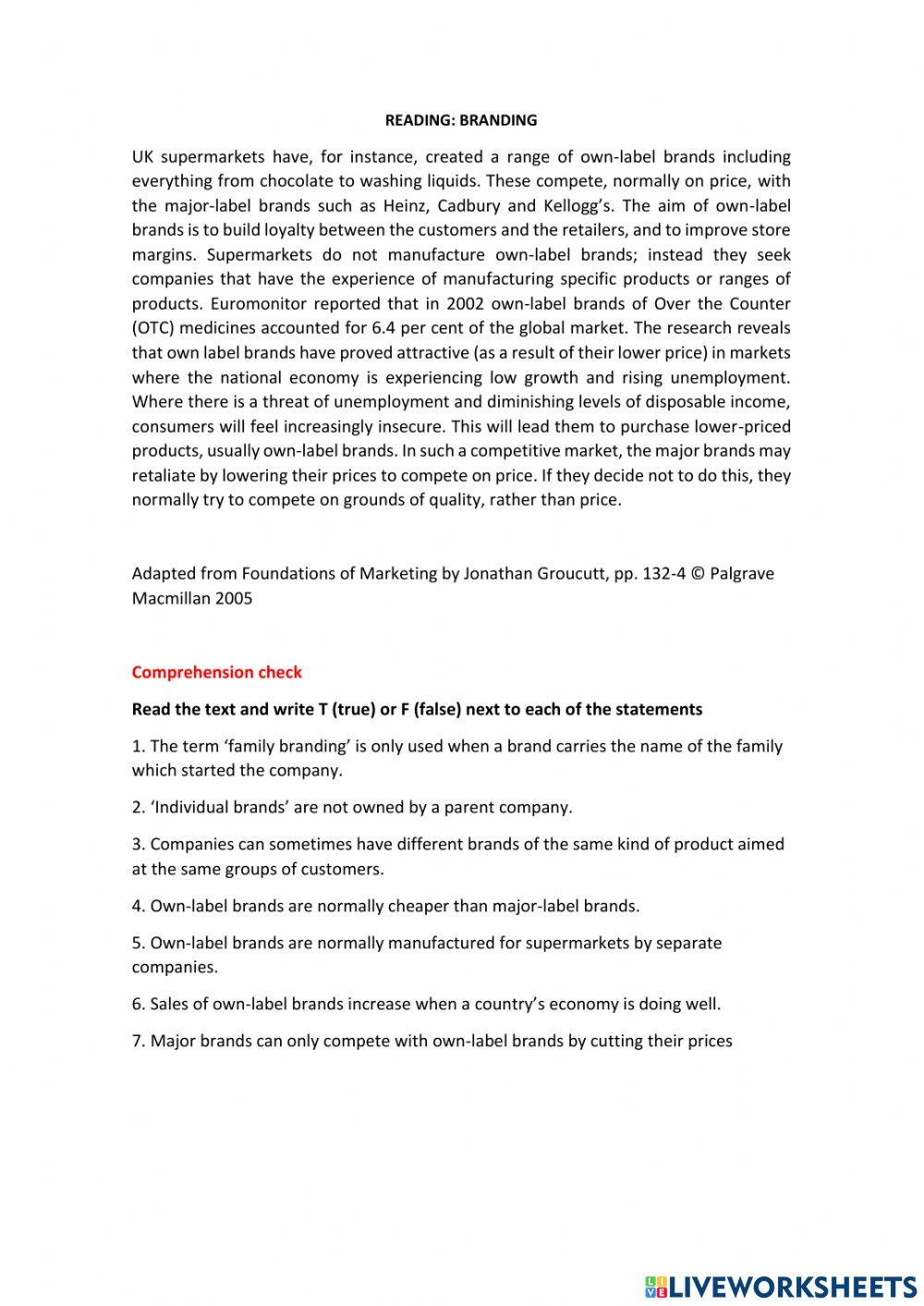 Reading about Branding online exercise for | Live Worksheets