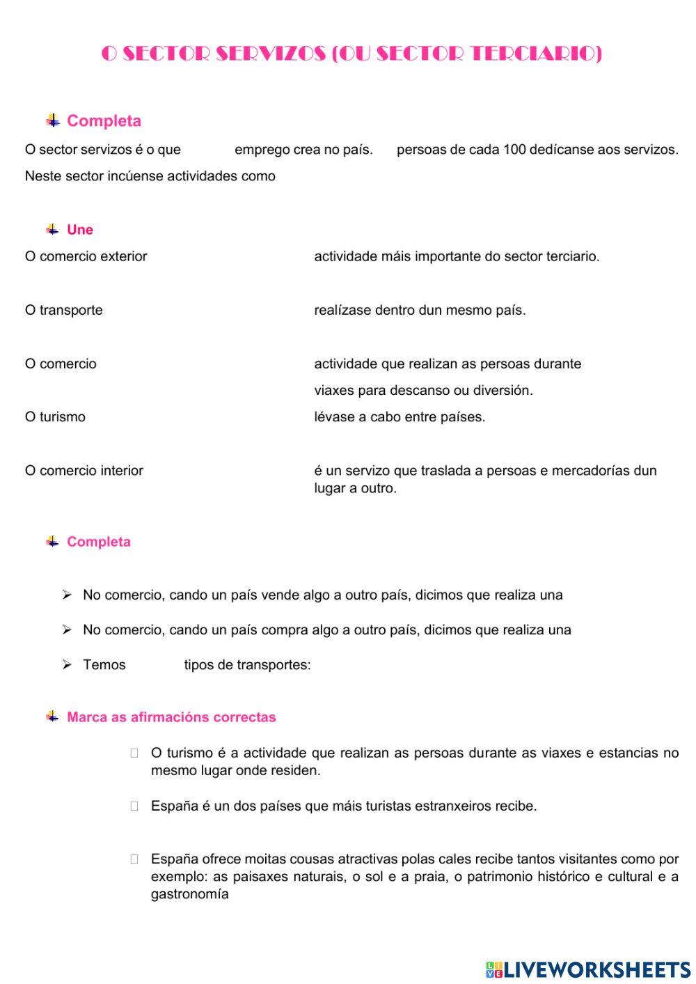 O sector servizos worksheet | Live Worksheets