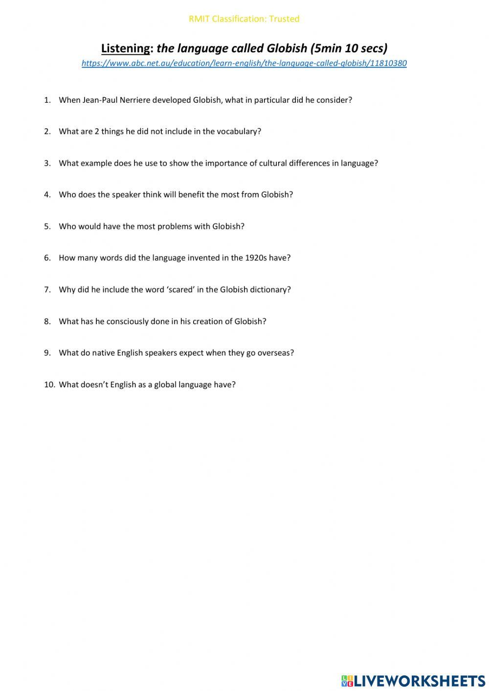 L7 Listening-The language of Globish - ABC online exercise for | Live ...