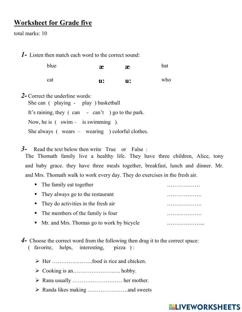 Worksheet for grade five worksheet | Live Worksheets