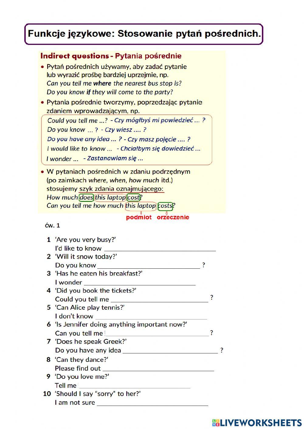 Indirect questions 2327778 | barbeh | Live Worksheets