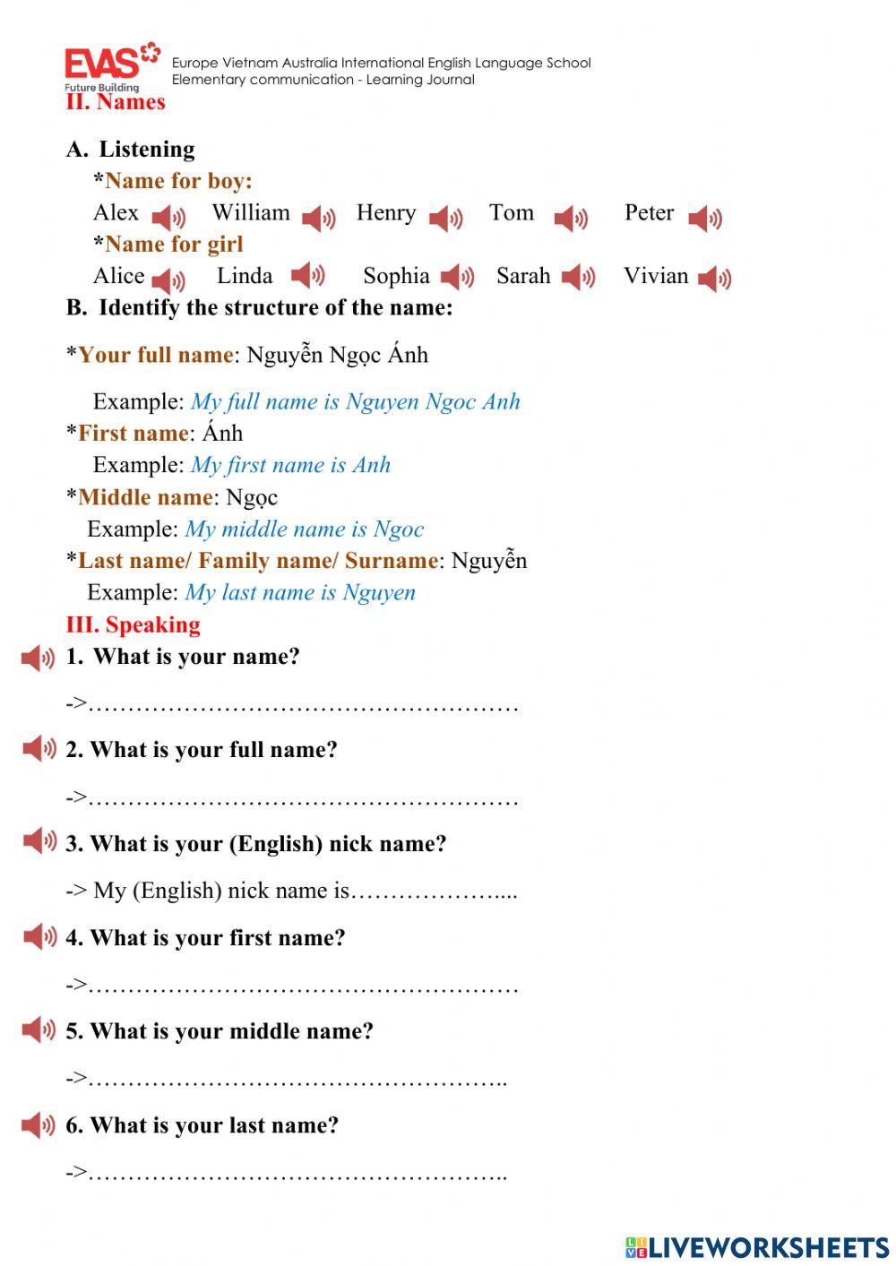 LESSON 1-NAME 3673215 | JennyEVAS | Live Worksheets