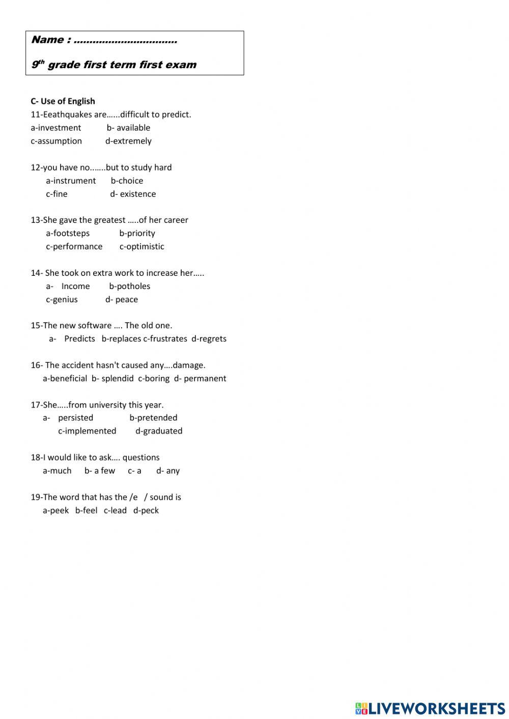 English test online exercise for GRADE 9 | Live Worksheets