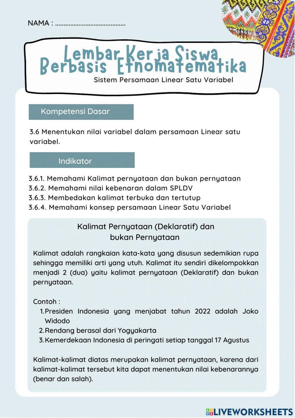 LKS Etnomatematika SPLSV kelas VII worksheet | Live Worksheets