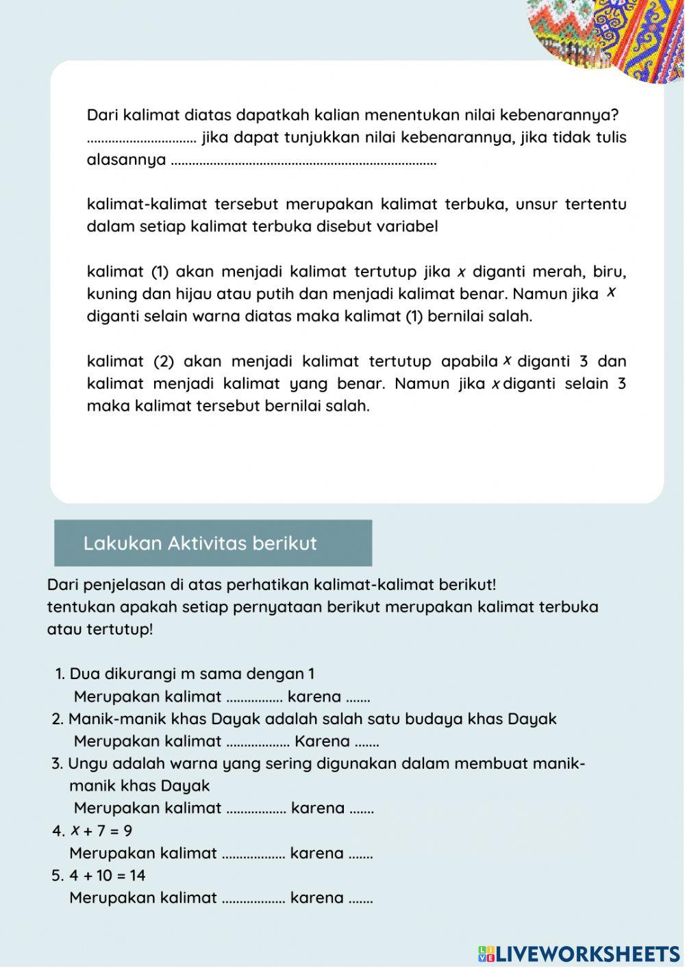 LKS Etnomatematika SPLSV kelas VII worksheet | Live Worksheets