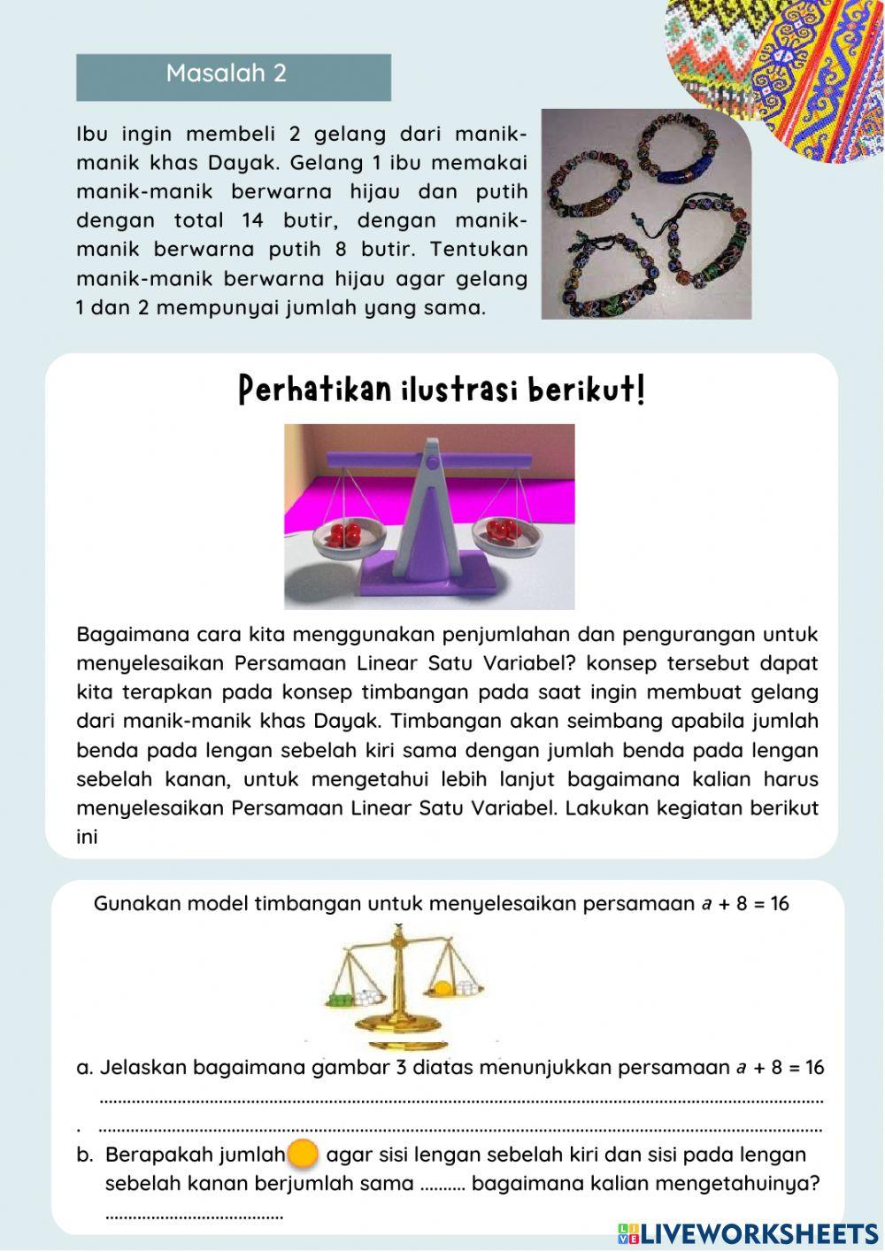 LKS Etnomatematika SPLSV kelas VII worksheet | Live Worksheets