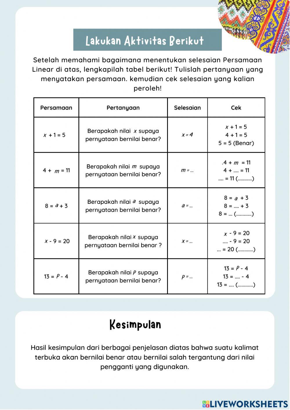 LKS Etnomatematika SPLSV kelas VII worksheet | Live Worksheets