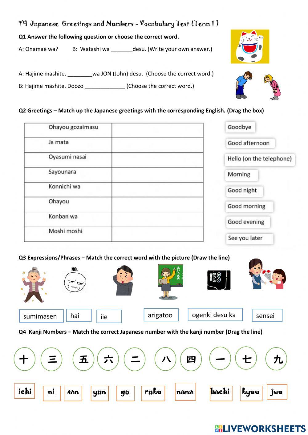 Y9 T1 Greetings and Numbers (Vocabulary Quiz) online exercise for ...