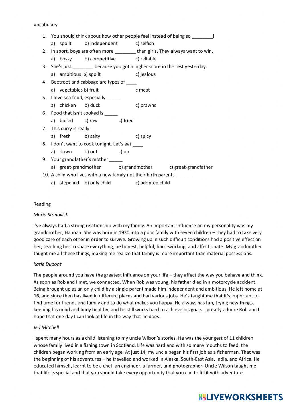 Personalities, Family, Food worksheet | Live Worksheets