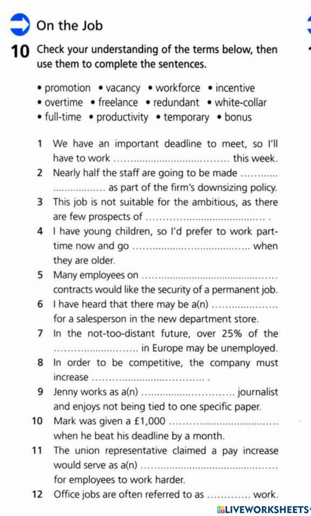 On the job worksheet | Live Worksheets
