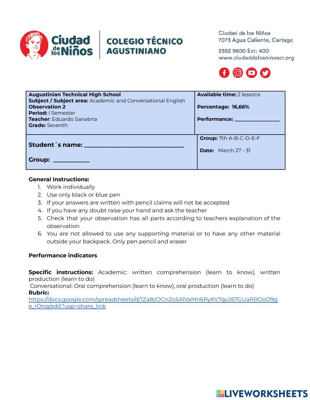 Observation 2 - reading comprehension worksheet | Live Worksheets