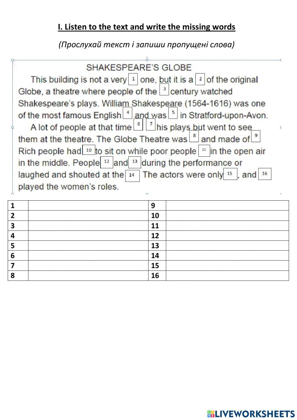 7 theatre online exercise for | Live Worksheets