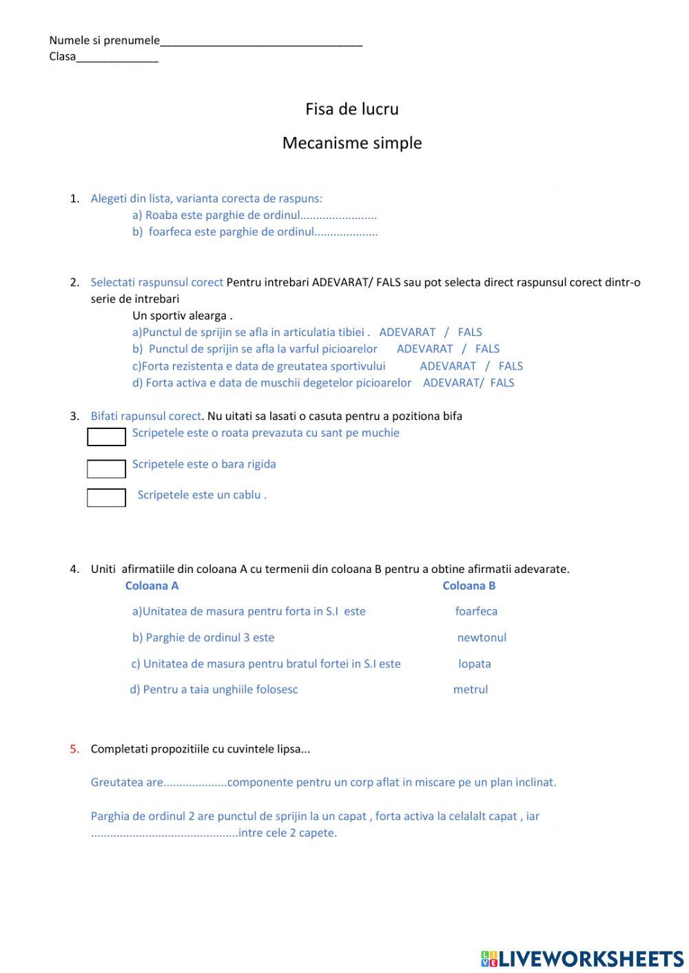 Mecanisme simple online exercise for | Live Worksheets