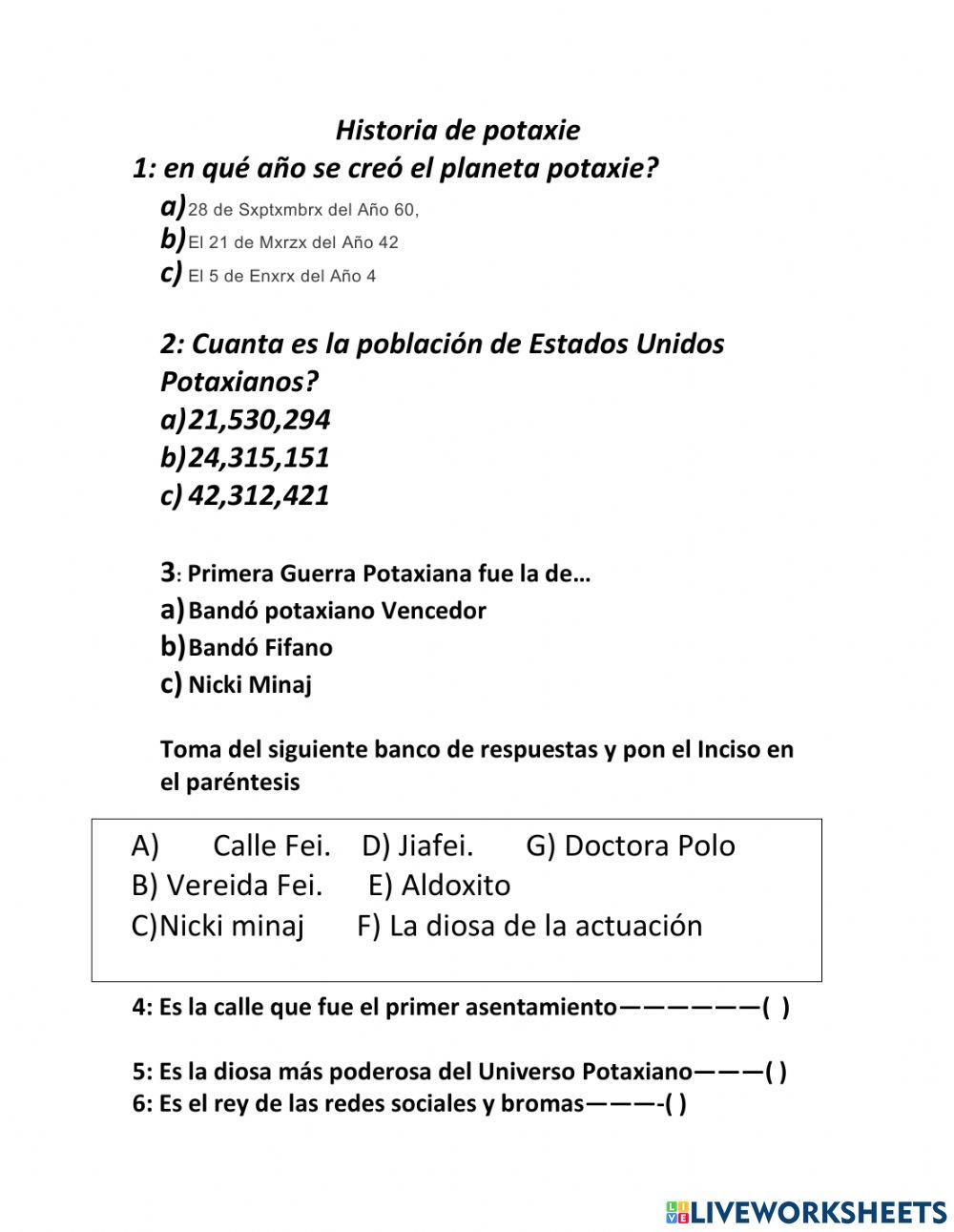 Examen potaxie … | Free Interactive Worksheets | 2331295