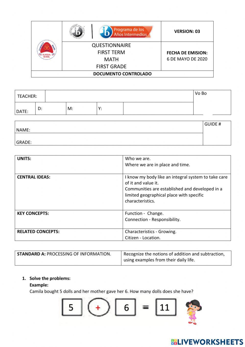 Questionnaire - first term - math - first grade 2331282